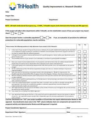 Fillable Online Quality Improvement vs. Research Checklist - Bethesda ...