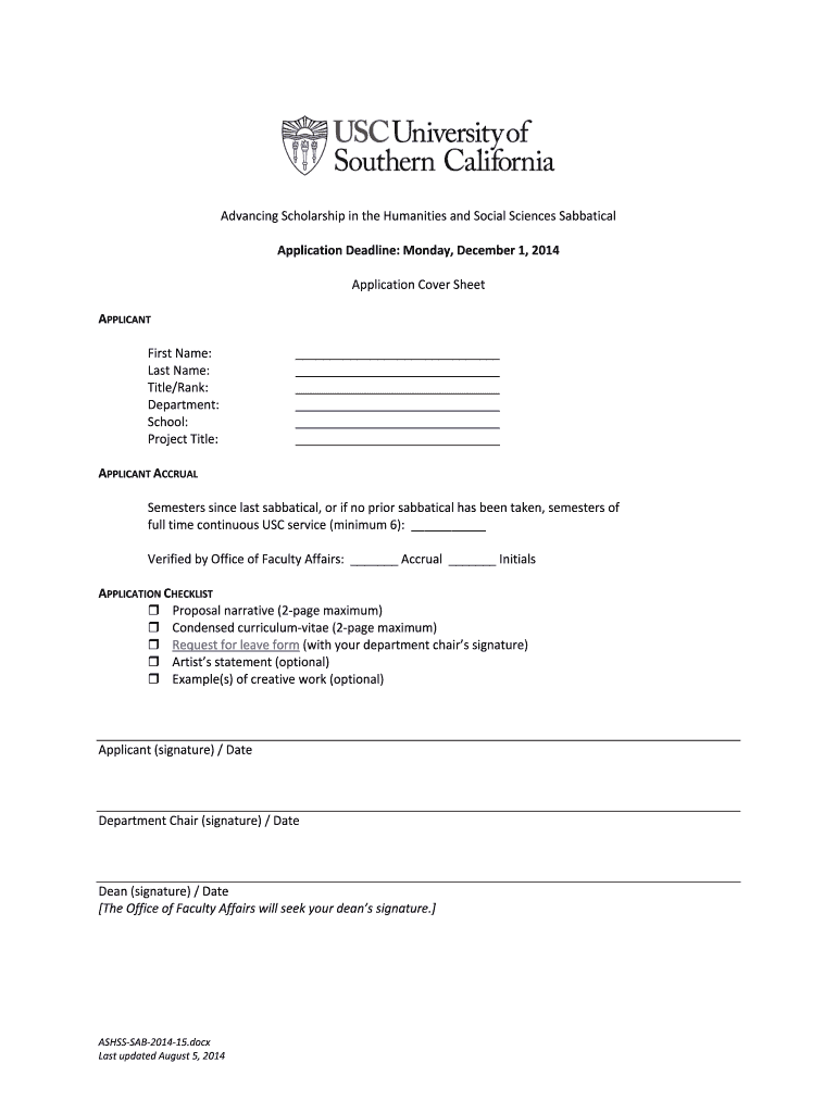 Fillable Online faculty usc ASHSS Sabbatical Eligibility and Conditions Application Materials ...