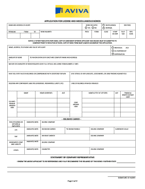 Fillable Online AVIVA Application for License and Miscellaneous Bonds ...