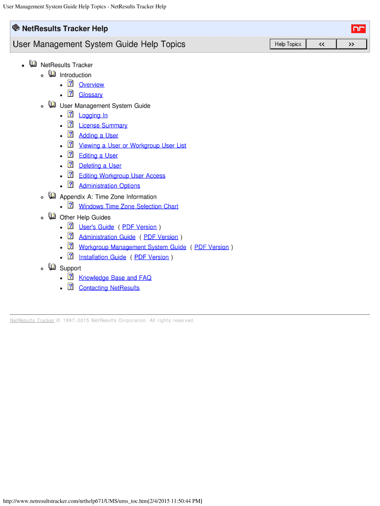 Fillable Online User Management System Guide Help Topics - NetResults Tracker Help Fax Email ...