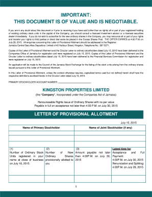 Fillable Online Letter of Provisional Allotment - Kingston Properties Fax Email Print - pdfFiller