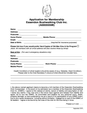 Fillable Online essendonbwc org Membership Application Form - Essendon ...