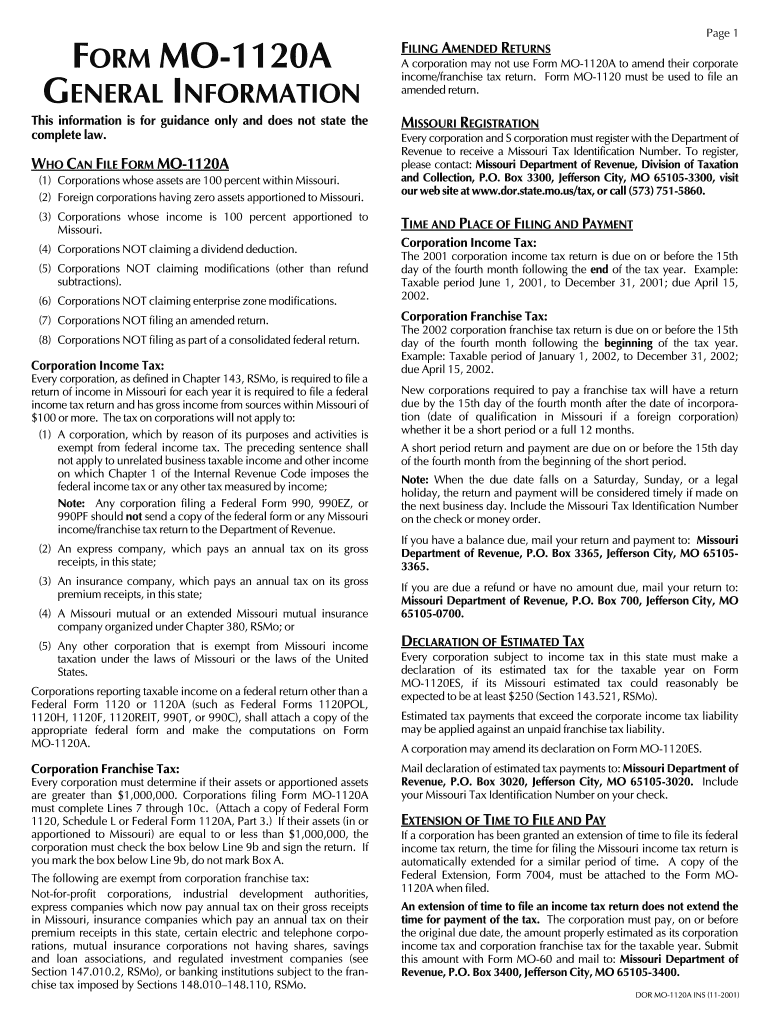 Fillable Online dor mo FORM MO1120A GENERAL INFORMATION This information is for guidance only ...