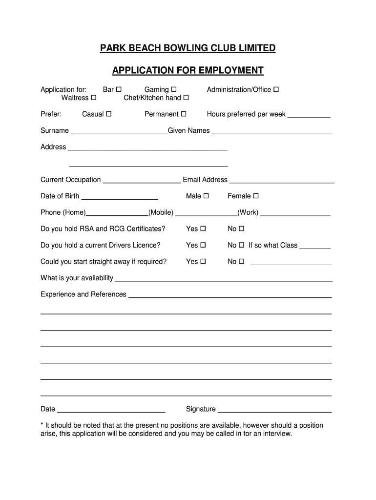 Fillable Online PARK BEACH BOWLING CLUB LIMITED APPLICATION FOR ...