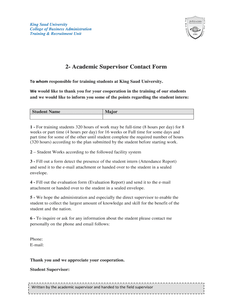 Fillable Online cba ksu edu 2- Academic Supervisor Contact Form Fax Email Print - pdfFiller