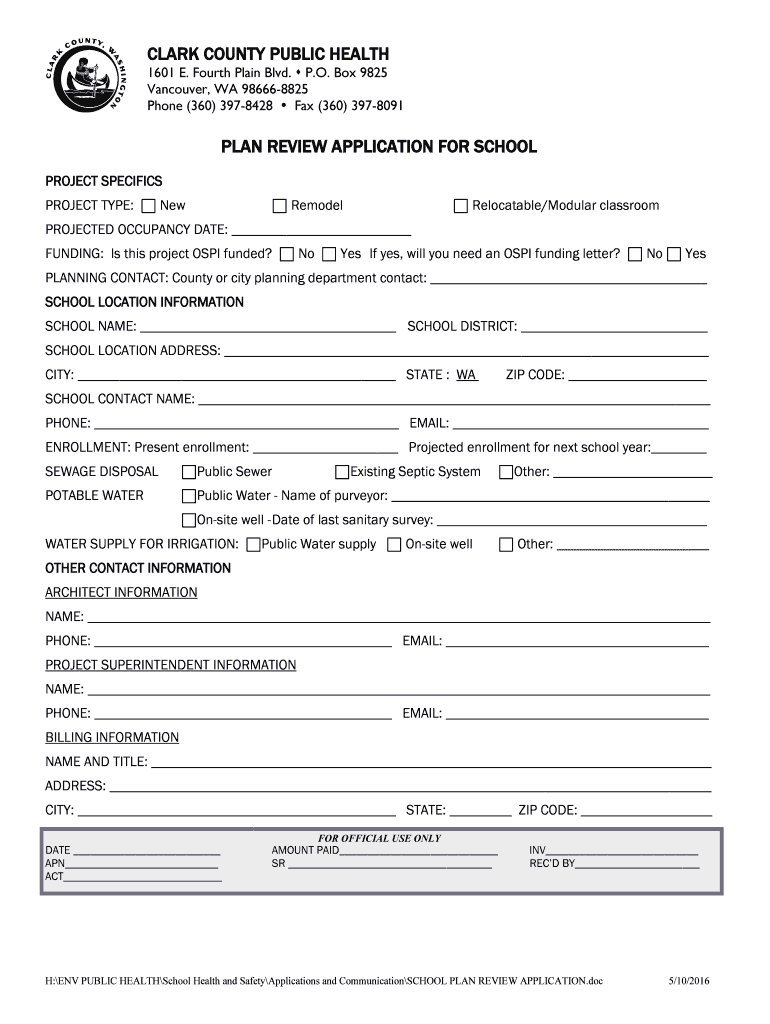 Fillable Online clark wa Plan review application for school clark ...