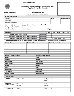 Fillable Online Initial enrolment form for Early Learning Centre - The ...