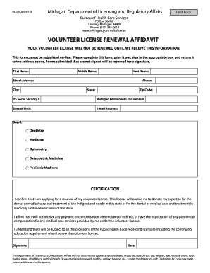 Fillable Online michigan Volunteer license renewal affidavit - Michigan ...