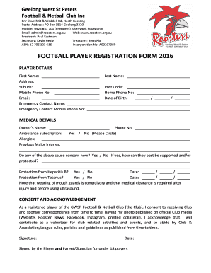 Fillable Online roosters org FOOTBALL PLAYER REGISTRATION FORM ...