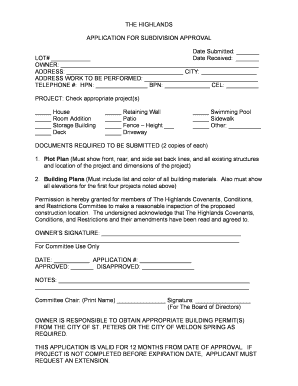 Fillable Online ourhighlands THE HIGHLANDS APPLICATION FOR SUBDIVISION ...