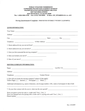 Fillable Online cpuc ca Moving Questionnaire/Complaint Form - the ...