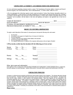 Fillable Online CREMATION AUTHORITY AND ORDER FORM FOR DISPOSITION Fax ...