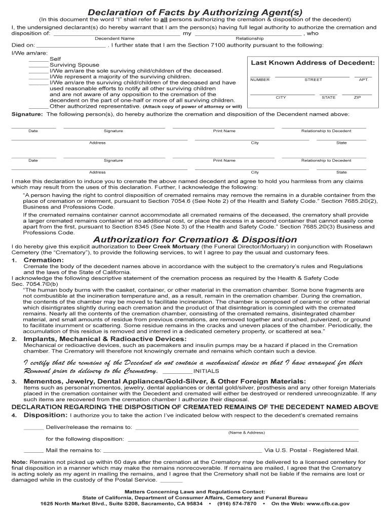 Fillable Online Authorization for Cremation & Disposition - Deer Creek ...