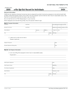 Fillable Online E-file Opt-Out Record for Individuals 2005 8454 - ftb ...
