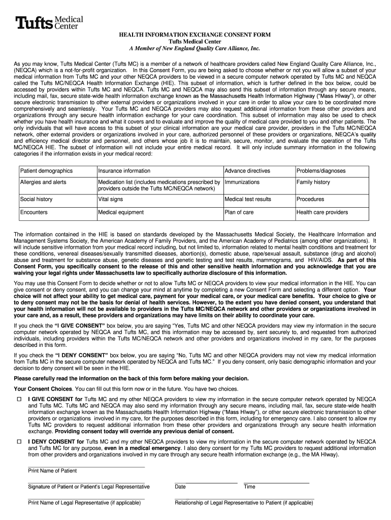 Fillable Online tuftsmedicalcenter MODEL RHIO CONSENT bFORMb - Tufts ...