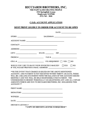 Fillable Online COD ACCOUNT APPLICATION MUST PRINT LEGIBLY IN ORDER FOR ...