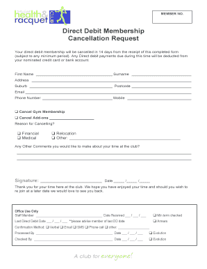 Fillable Online healthracquet Direct Debit Membership Cancellation ...