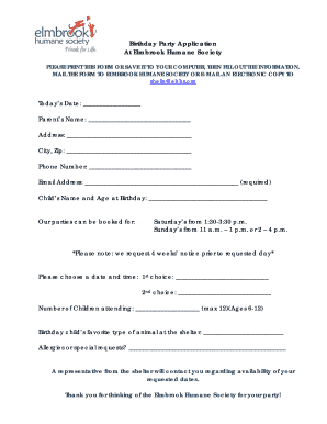Fillable Online Birthday Party Application - bEBHSb Fax Email Print ...