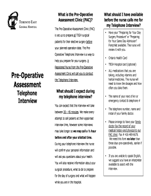 Fillable Online Pre-Operative Assessment Telephone Interview - Dr ...