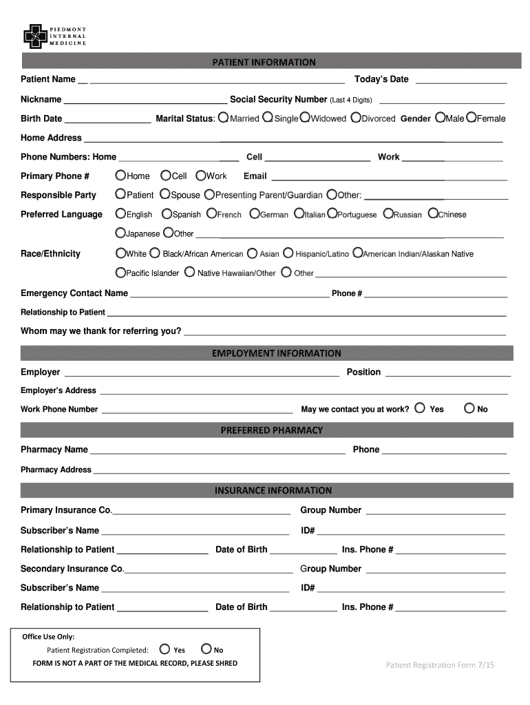 Fillable Online PATIENT INFORMATION Patient Name Todays Date Nickname Social Security Number ...