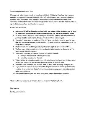 Fillable Online School Policy for Lunch Room Visits Fax Email Print ...