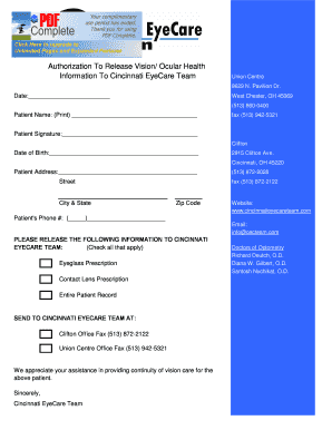 Fillable Online Authorization To Release Vision Ocular Health ...