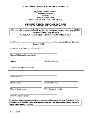Fillable Online Verification of child care - Midland Independent School ...