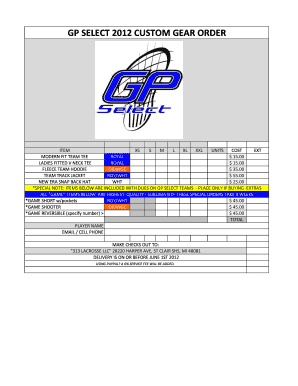 Fillable Online PLAYER GEAR ORDER FORM.xlsx Fax Email Print - pdfFiller