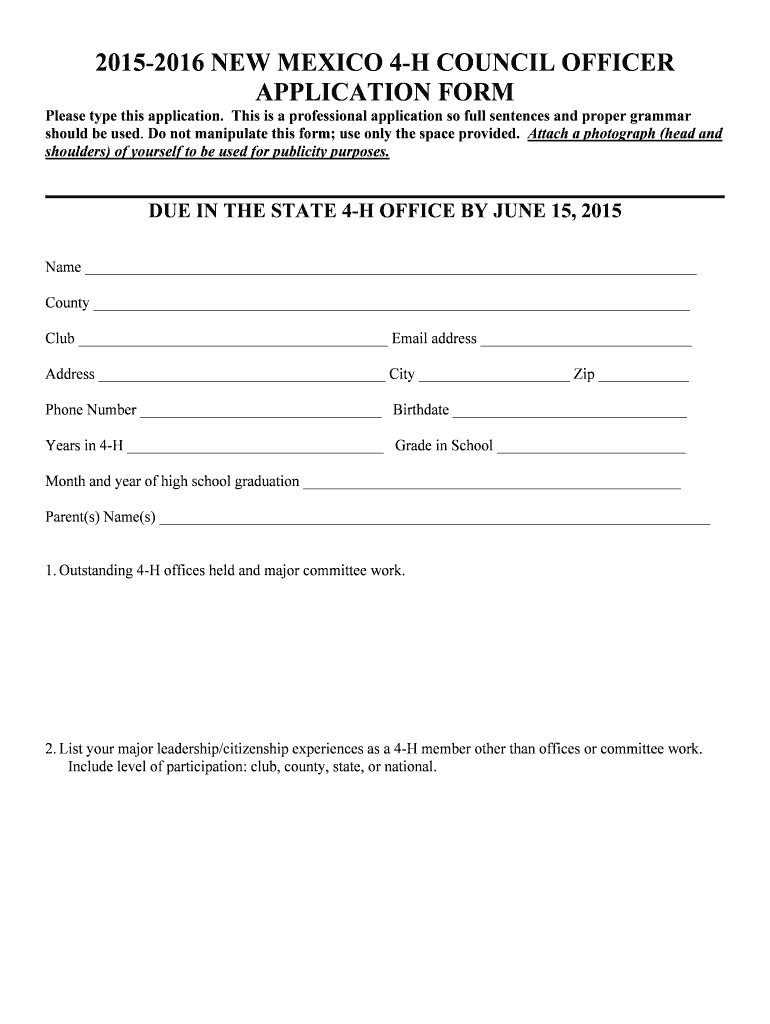 Fillable Online aces nmsu BSTATEb 4-H COUNCIL OFFICER bAPPLICATIONb Fax Email Print - pdfFiller