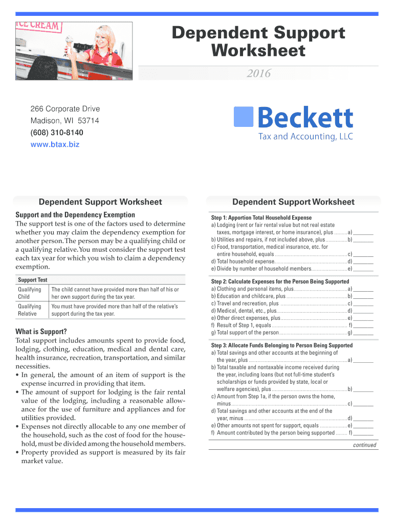 Fillable Online Dependent Support Worksheet - Beckett Tax Fax Email ...