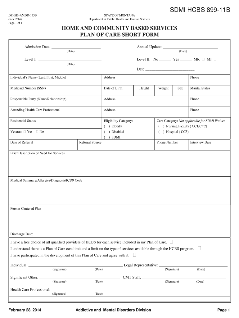 Fillable Online dphhs mt SDMI HCBS 899-11B Plan of Care Short Form Fax Email Print - pdfFiller
