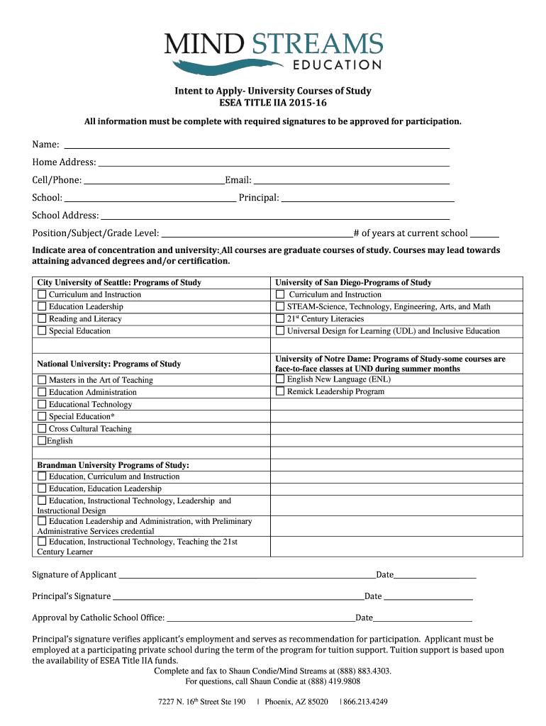 Fillable Online Intent to Apply- University Courses of Study ESEA TITLE ...