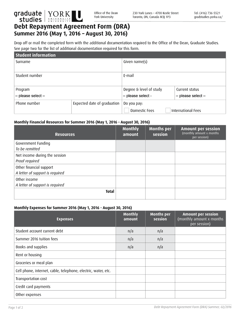 Fillable Online Debt Repayment bAgreement Formb DRA - Faculty of ...