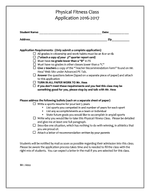 Fillable Online amphi schoolwires Physical Fitness Class Application ...