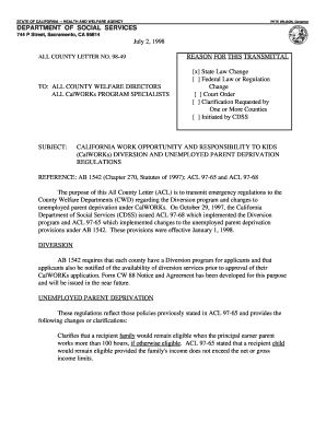 Fillable Online cdss ca CDSS All County Letter 98-49 - cdss ca Fax ...