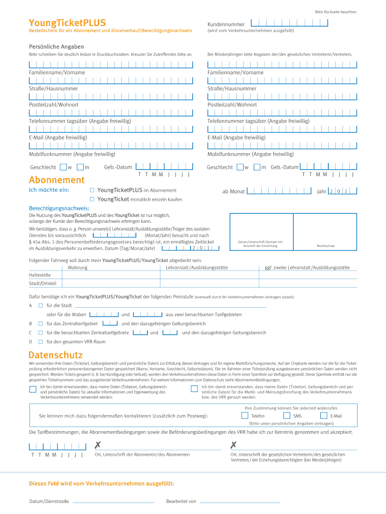 Ausfüllbar Online YoungTicketPLUS Kundennummer Bestellschein fr ein Abonnement und Einzelverkauf ...