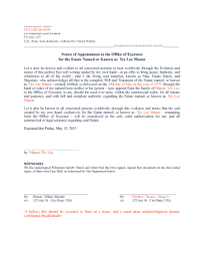 Fillable Online Notice of Appointment to the Office of Executor for the ...