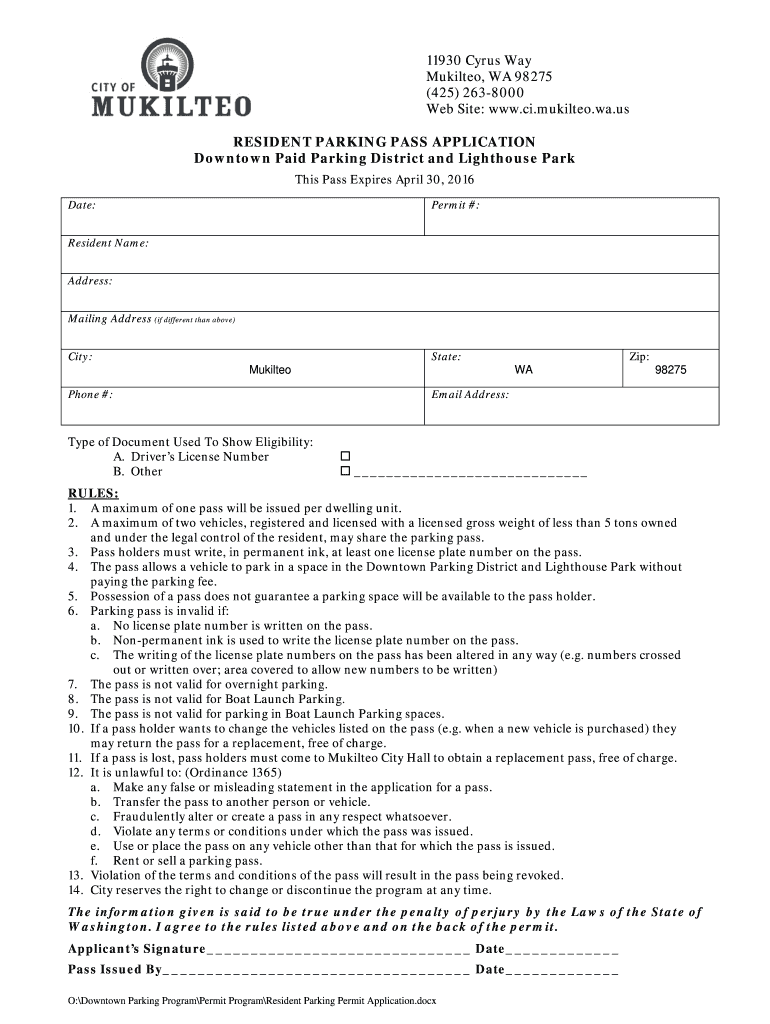 Fillable Online RESIDENT PARKING PASS APPLICATION Downtown Paid Parking Fax Email Print - pdfFiller
