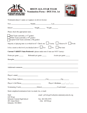Fillable Online nbda BISON ALL-STAR TEAM Nomination Form DUE Feb 1st Fax Email Print - pdfFiller