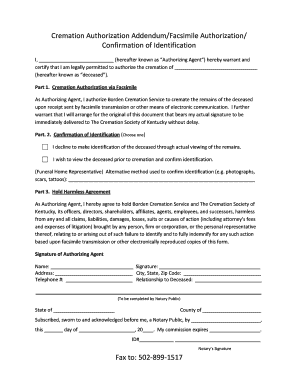 Fillable Online Cremation Authorization AddendumFacsimile Authorization ...