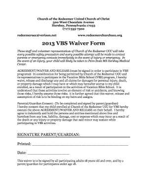 Fillable Online redeemerchurchucc 2013 VBS Waiver Form - Church of the ...