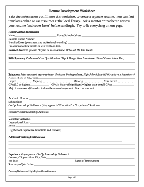 Fillable Online Resume Development Worksheet - Natural Stone Bridge and ...