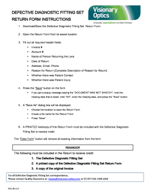 Fillable Online DEFECTIVE DIAGNOSTIC FITTING SET RETURN FORM ...