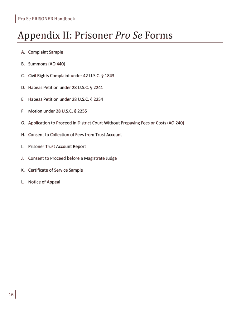 Fillable Online dcd uscourts Pro Se PRISONER Handbook Appendix II ...
