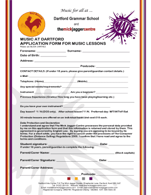 Fillable Online MUSIC AT DARTFORD APPLICATION FORM FOR MUSIC LESSONS ...