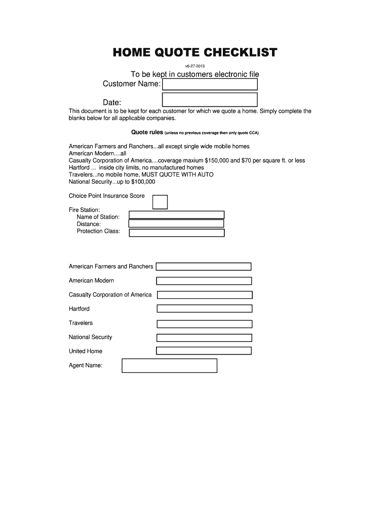 Fillable Online HOME QUOTE CHECKLIST - bcelestelooneyinsurancebbcomb ...