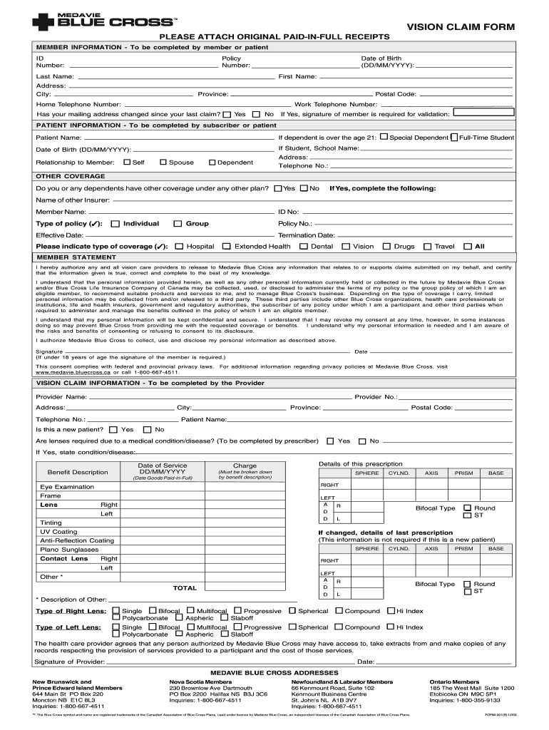 Fillable Online opticalone VISION CLAIM FORM PLEASE ATTACH ORIGINAL ...
