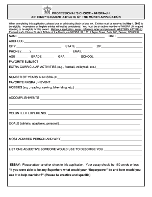 Fillable Online Student Athlete Application JH 2011-2012 - mihsracom Fax Email Print - pdfFiller