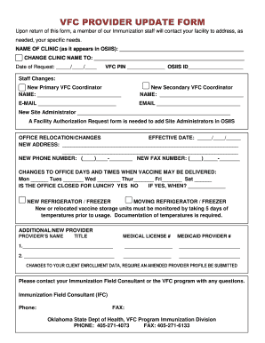 Fillable Online VFC PROVIDER UPDATE FORM - ok Fax Email Print - pdfFiller