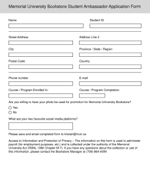 Fillable Online Memorial University Bookstore Student Ambassador ...